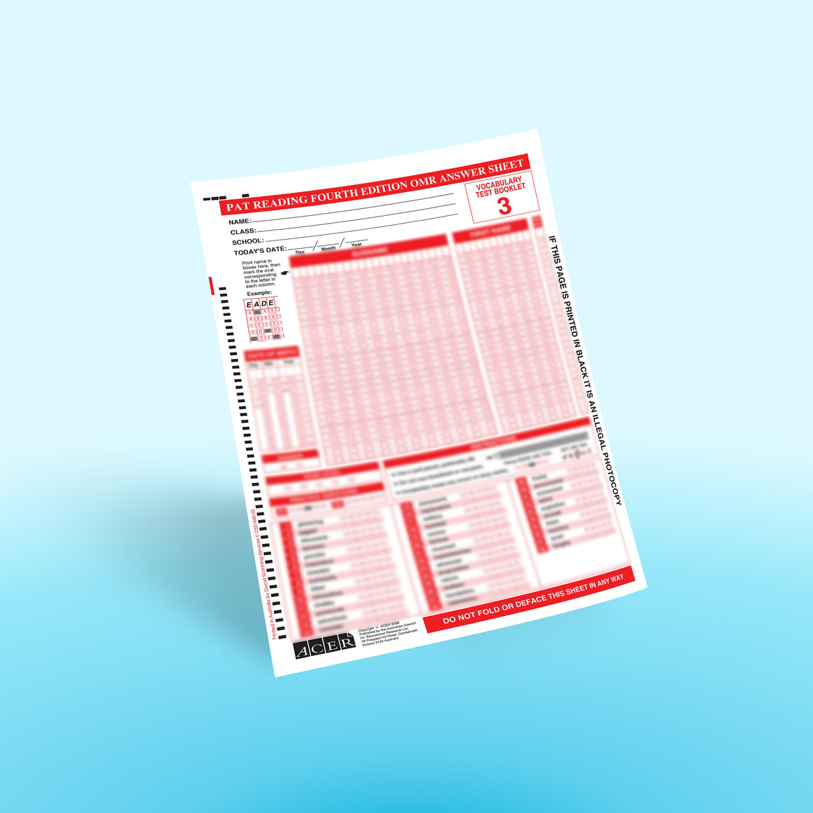 PAT-R 4th Ed. Vocabulary OMR Answer Sheet Test 3 (PKG 10) – Australian ...